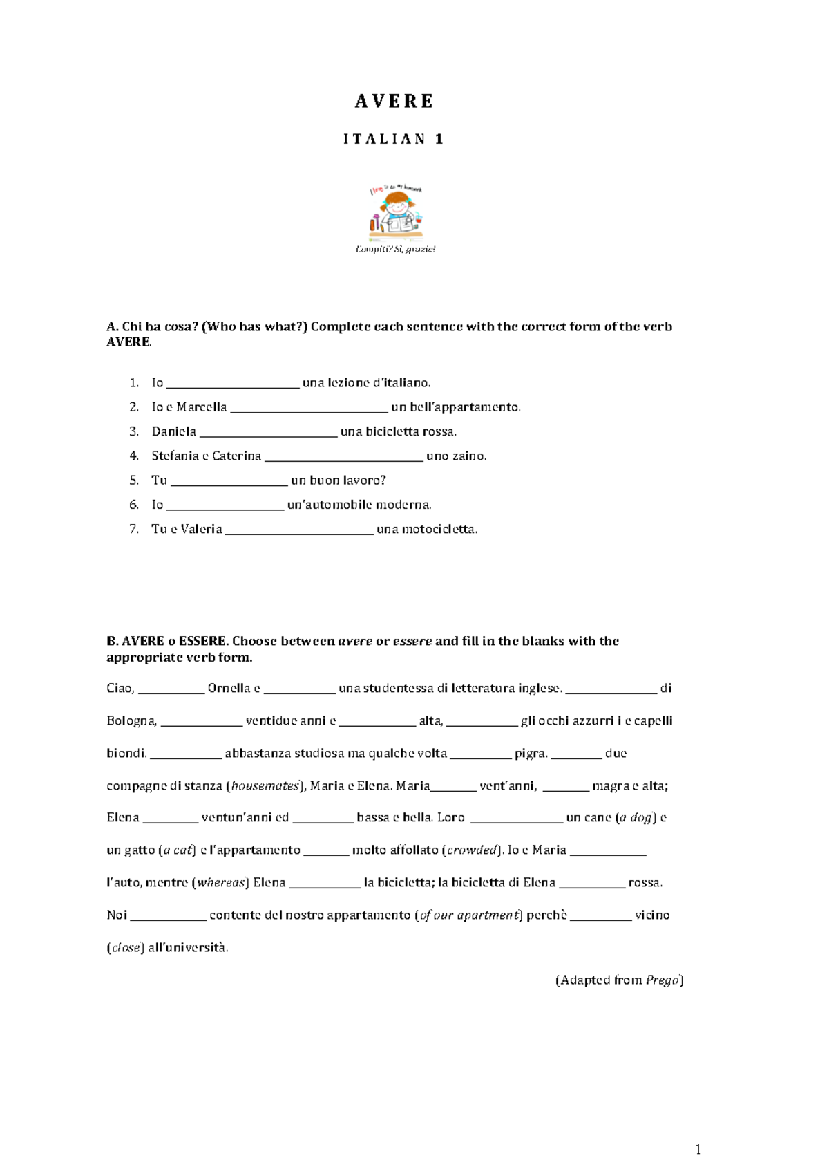 Averework Sheet-2 - worksheet acere - 1 AVERE ITALIAN Compiti? Sì ...