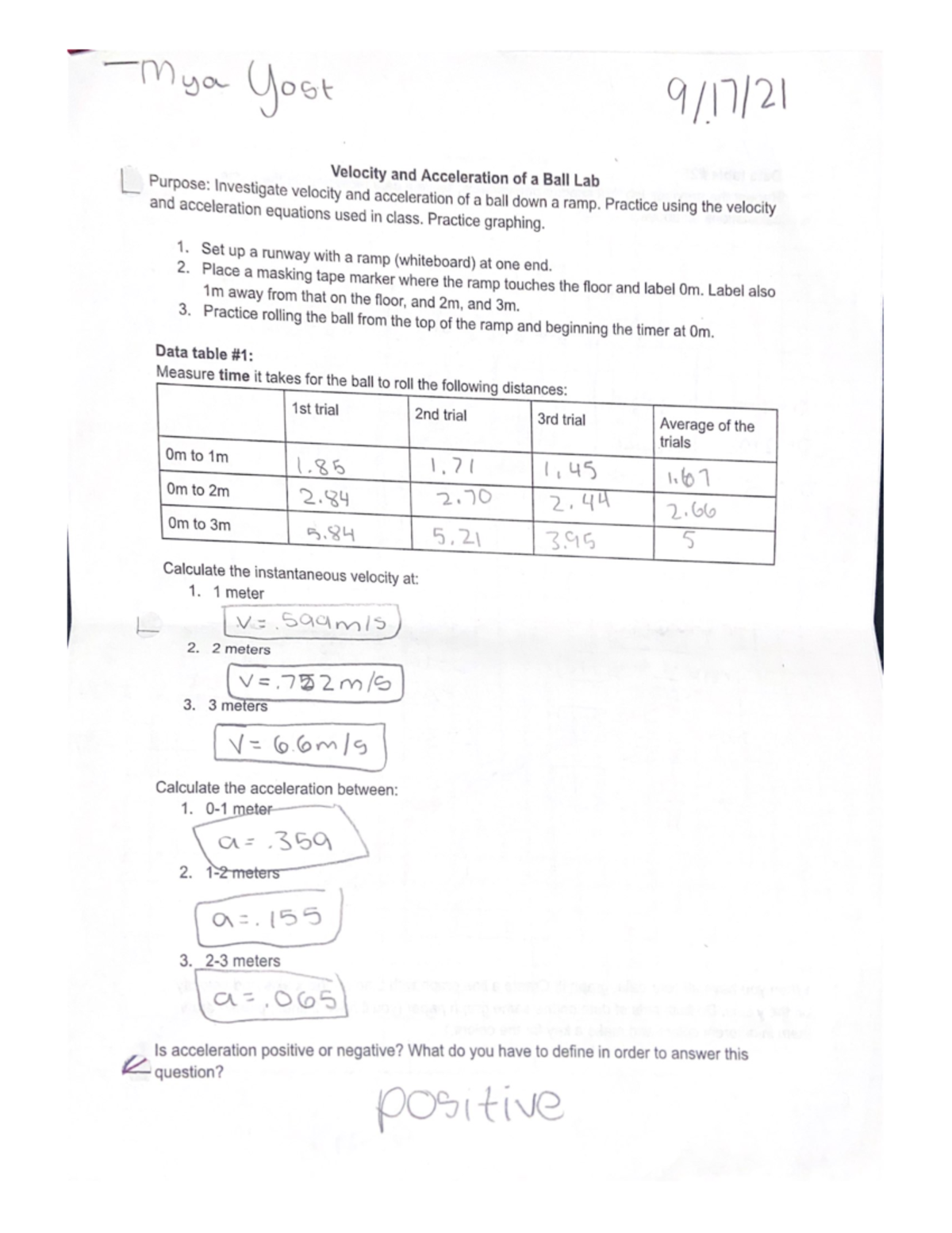 Velocity and Acceleration of a Ball Lab - 2413 - Studocu