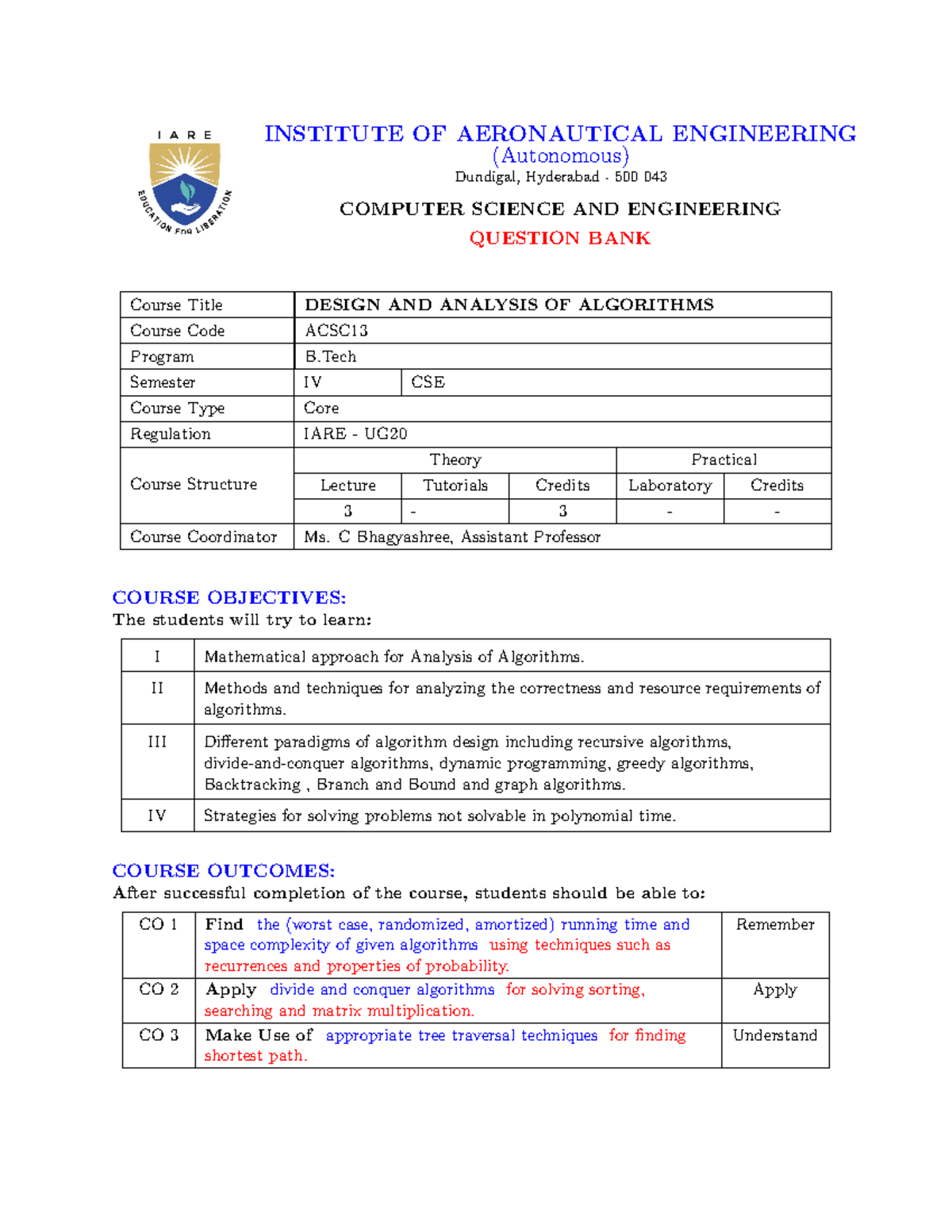 DAA Question Bank - INSTITUTE OF AERONAUTICAL ENGINEERING (Autonomous) Dundigal, Hyderabad - 500 ...