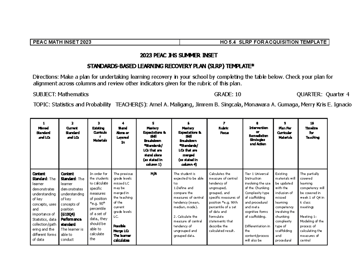 MATH 7.10 SLRP for Acquisition Template - PEAC MATH INSET 2023 HO 5 ...