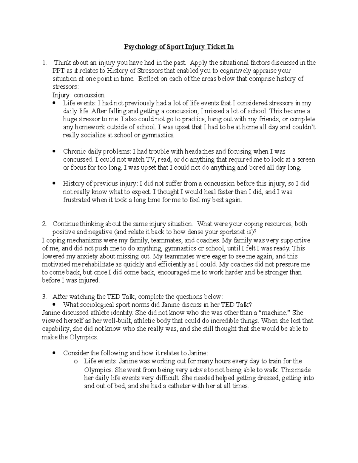 Psychology of Sport Injury Worksheet - Psychology of Sport Injury ...
