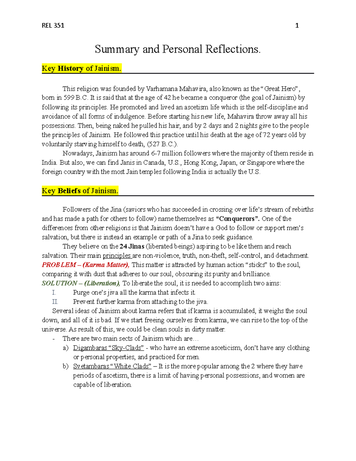 Jainism - Summary and Reflection Paper - REL 3511 Summary and Personal Reflections. Key History ...