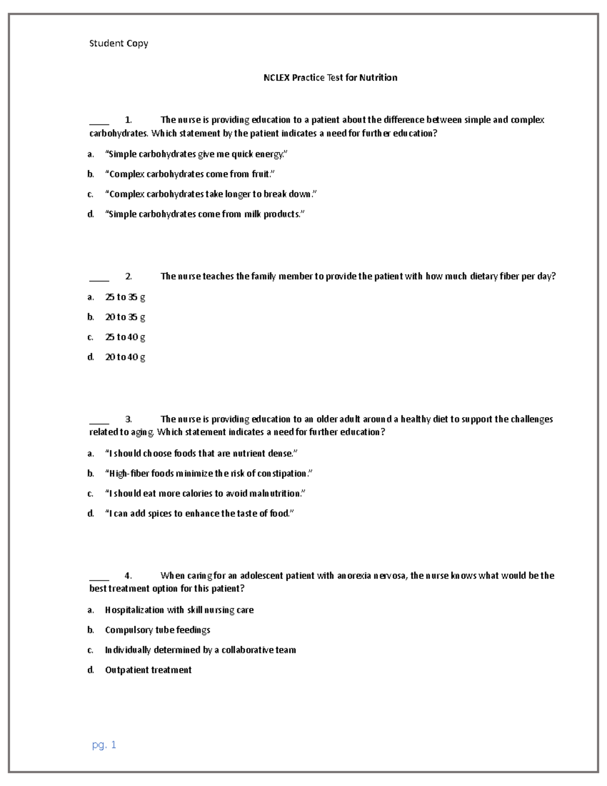 Practice Test on Nutrition-4 - NCLEX Practice Test for Nutrition ____ 1 ...