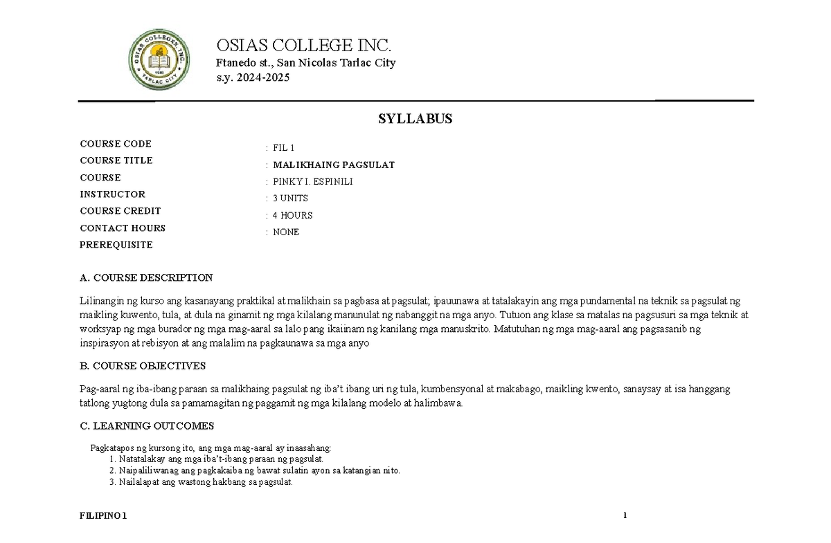 S Yllabus Malikhaing Pagsulat - FILIPINO 1 1 OSIAS COLLEGE INC. Ftanedo ...