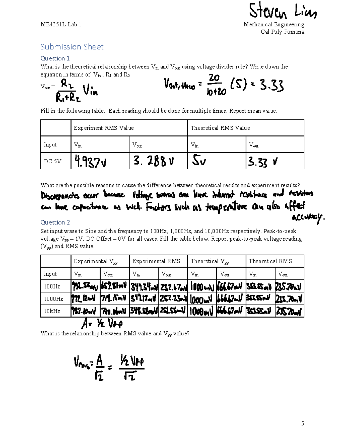 MM Lab 1 Submission Sheet - ME4351L Lab 1 Mechanical Engineering Cal ...
