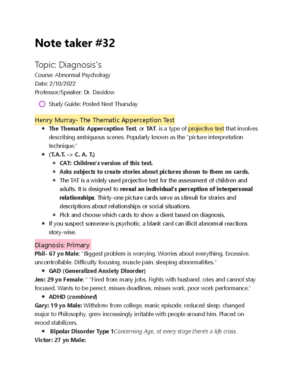 Abnormal Psychology Unit 1 Chapters 1-4, Test Review - Note taker Topic ...