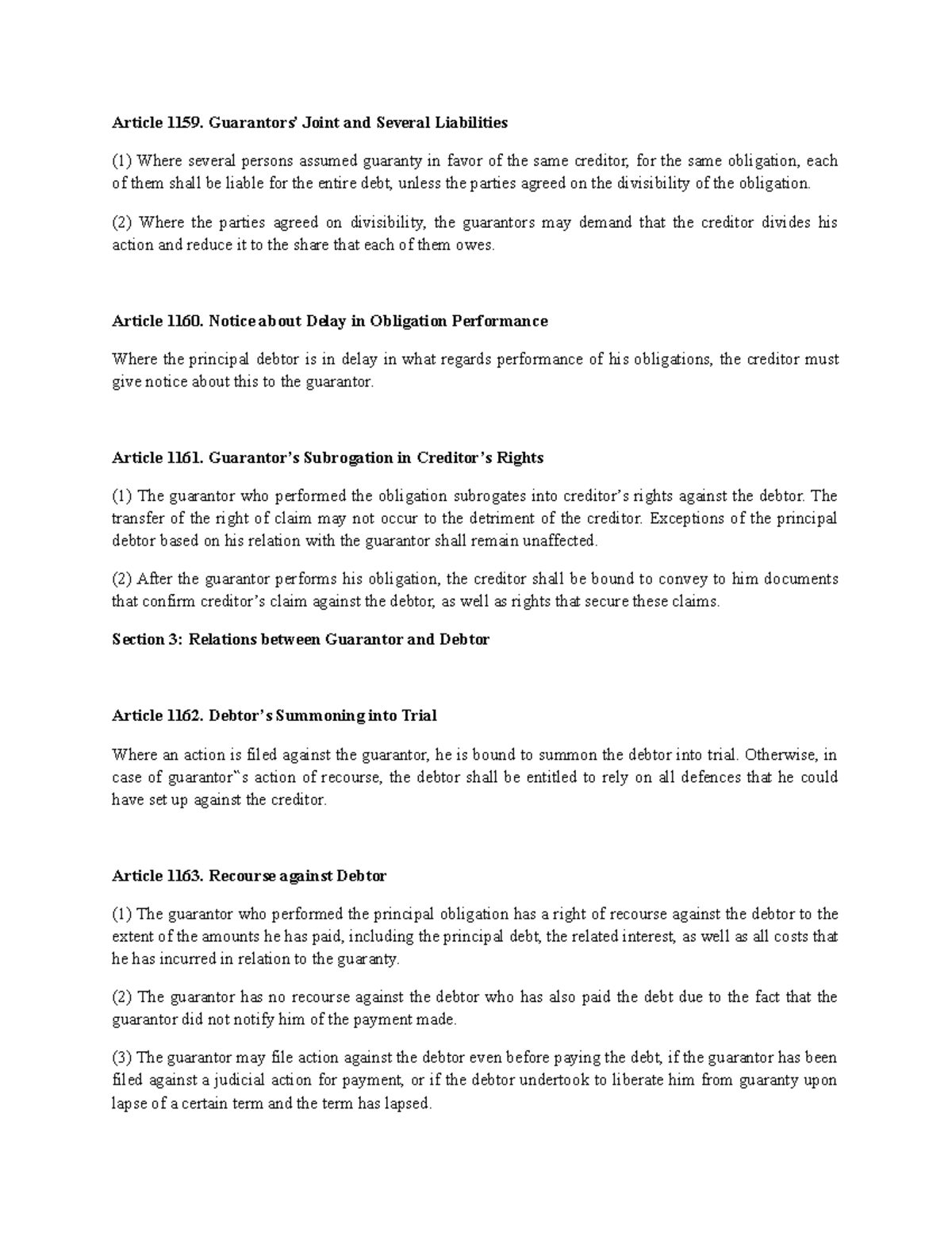 Oblicon Article 1159-1226 - Article 1159. Guarantors’ Joint and Several ...