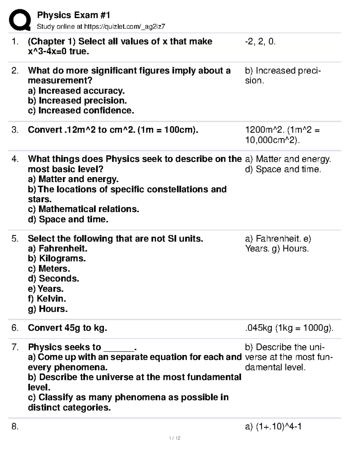 Physics Exam 1 - exam 1 - Study online at quizlet/_ag2iz (Chapter 1 ...