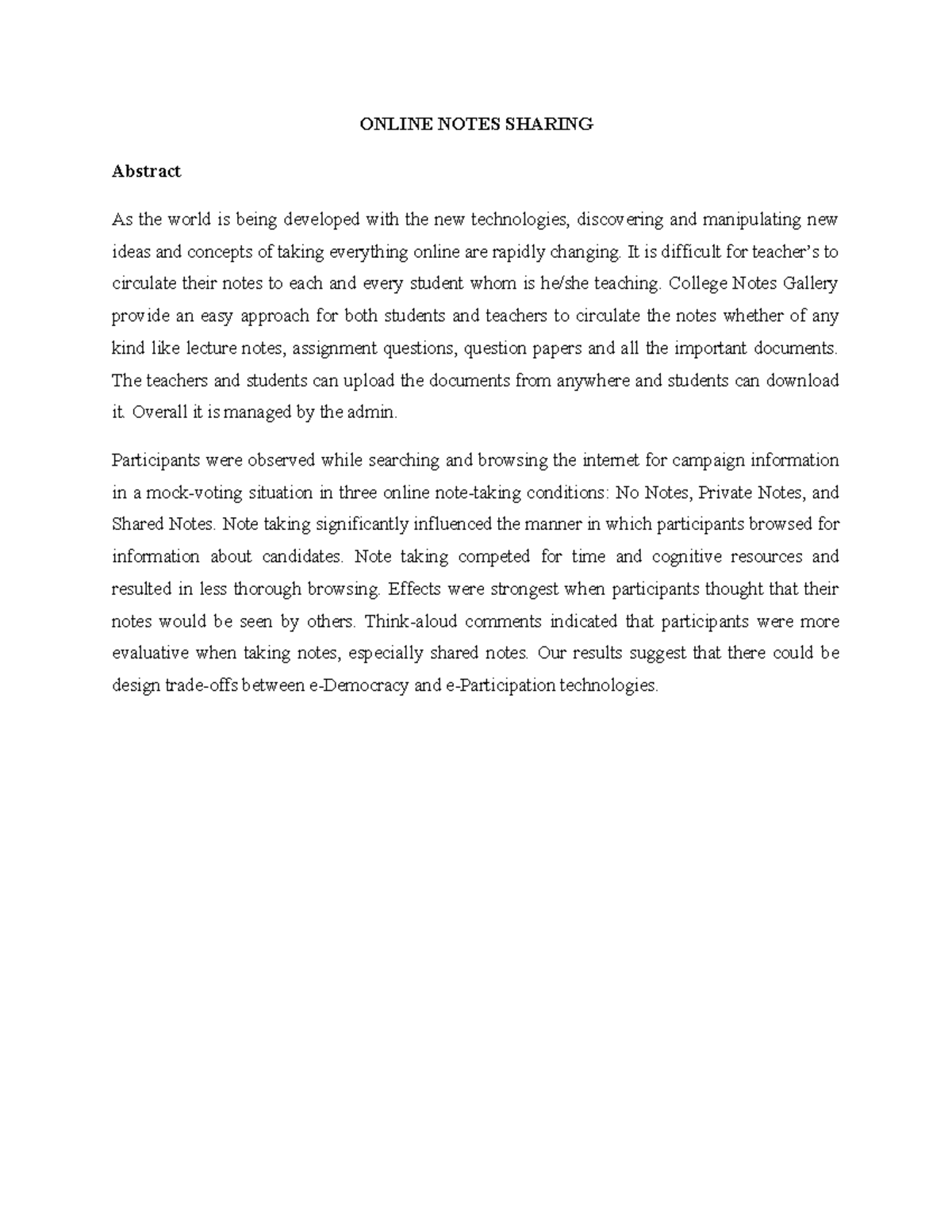 Online Notes Sharing - ONLINE NOTES SHARING Abstract As the world is ...