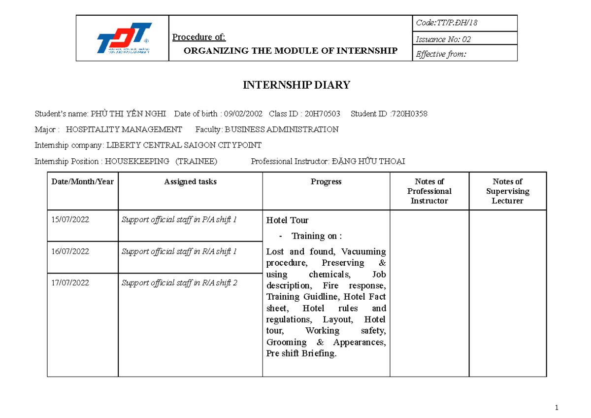 Internship Diary HK Phu Thi Yen Nghi-720H0358 - Procedure of ...