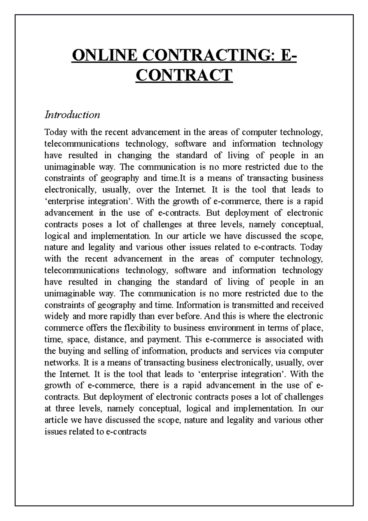 Online Contracting - ONLINE CONTRACTING: E- CONTRACT Introduction Today with the recent ...