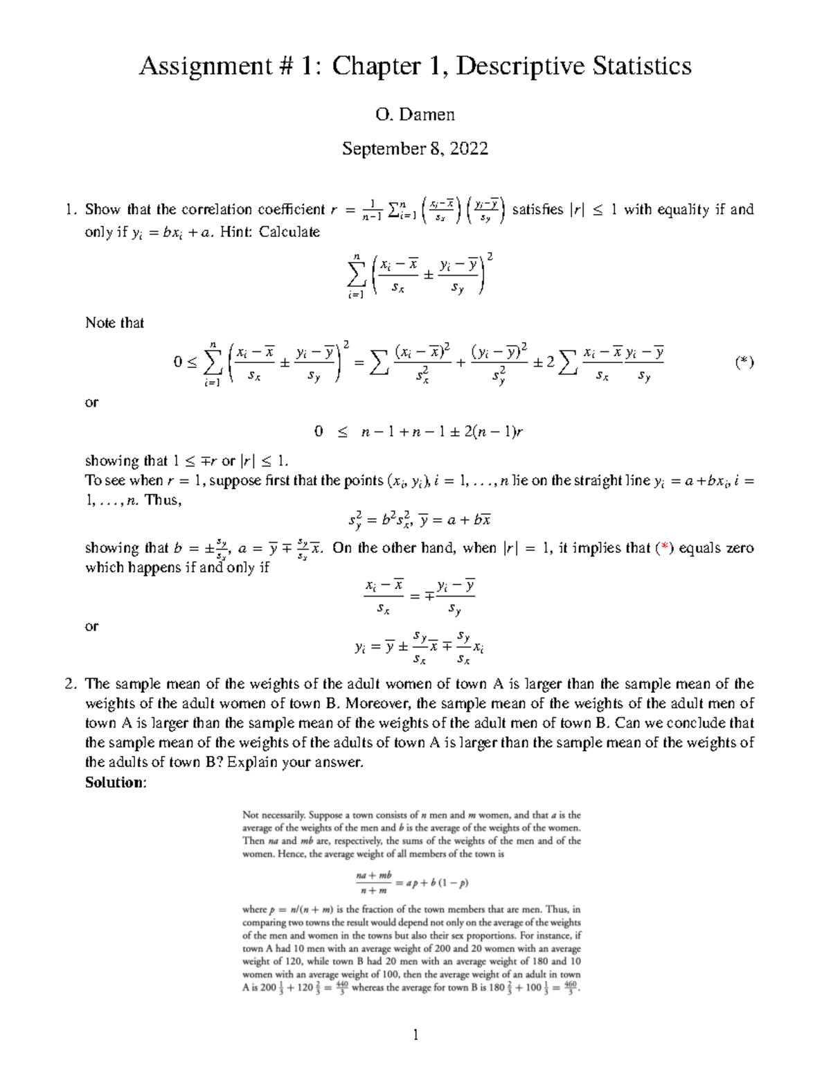Section 1-homework-sol Descriptive Statistics - Assignment # 1: Chapter ...
