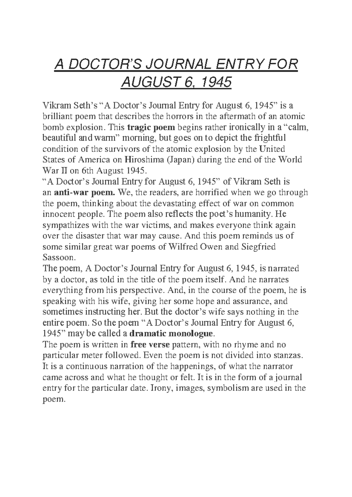A doctor - A DOCTOR’S JOURNAL ENTRY FOR AUGUST 6, 1945 Vikram Seth’s “A ...