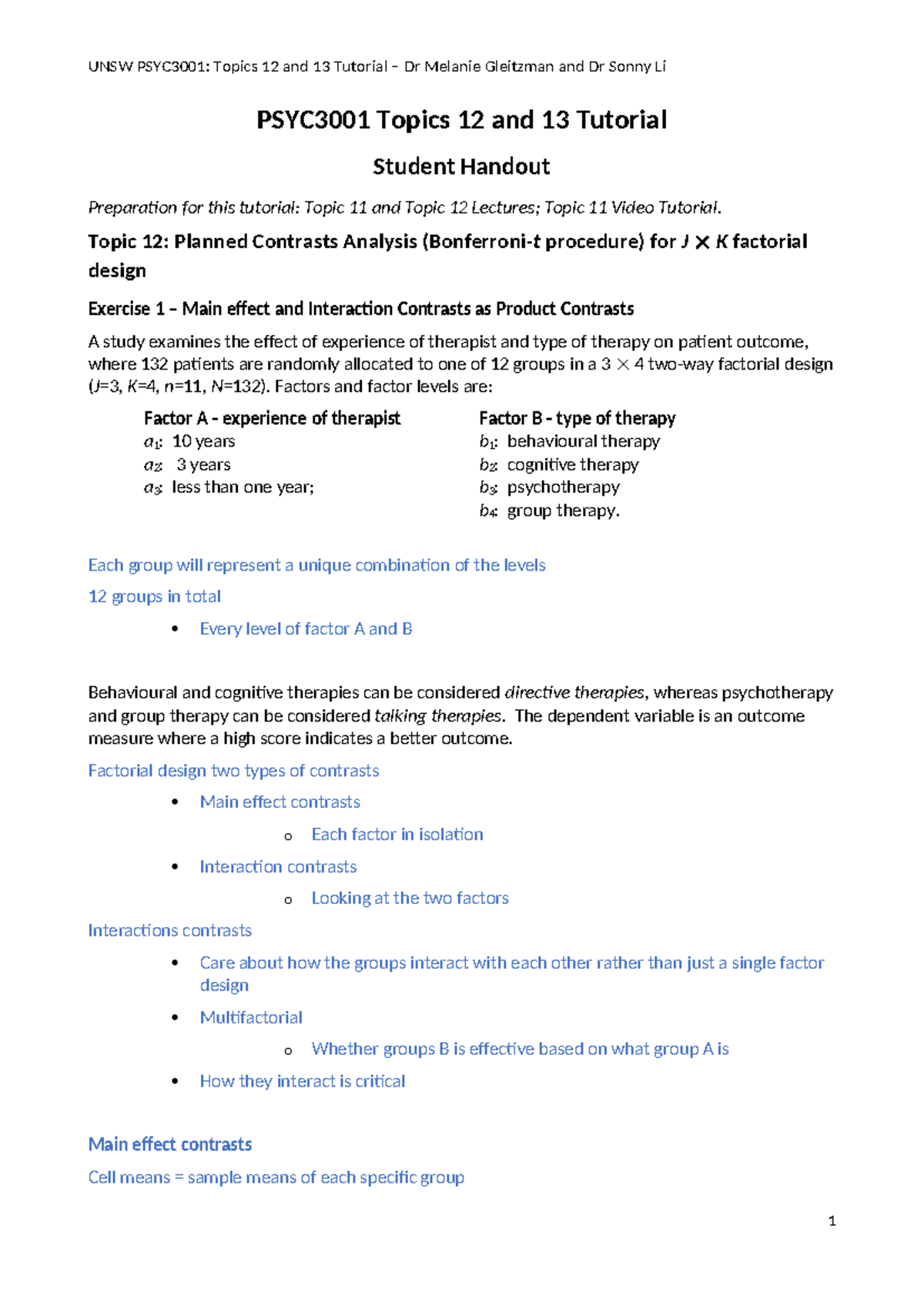 PSYC3001 Topics 12 and 13 Tutorial Handout 2024 - PSYC3001 Topics 12 and 13 Tutorial Student ...
