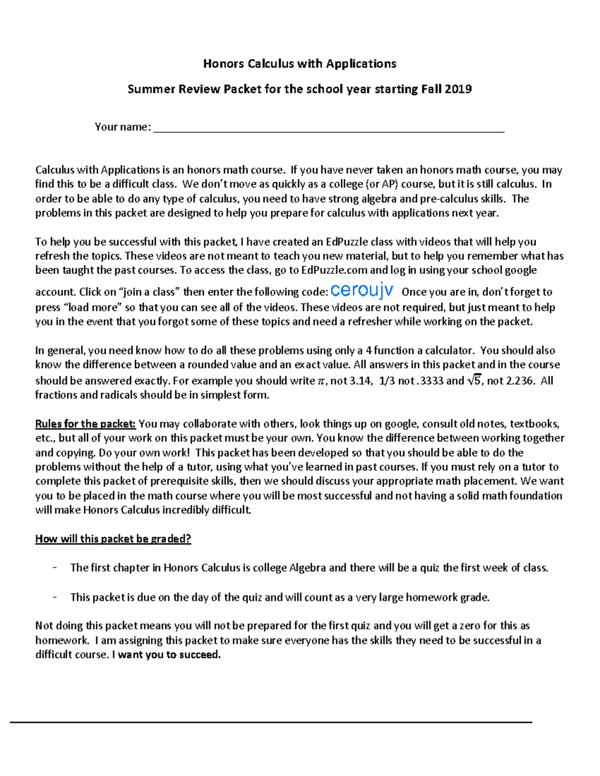 Algebra III - Test - Honors Calculus with Applications Summer Review ...