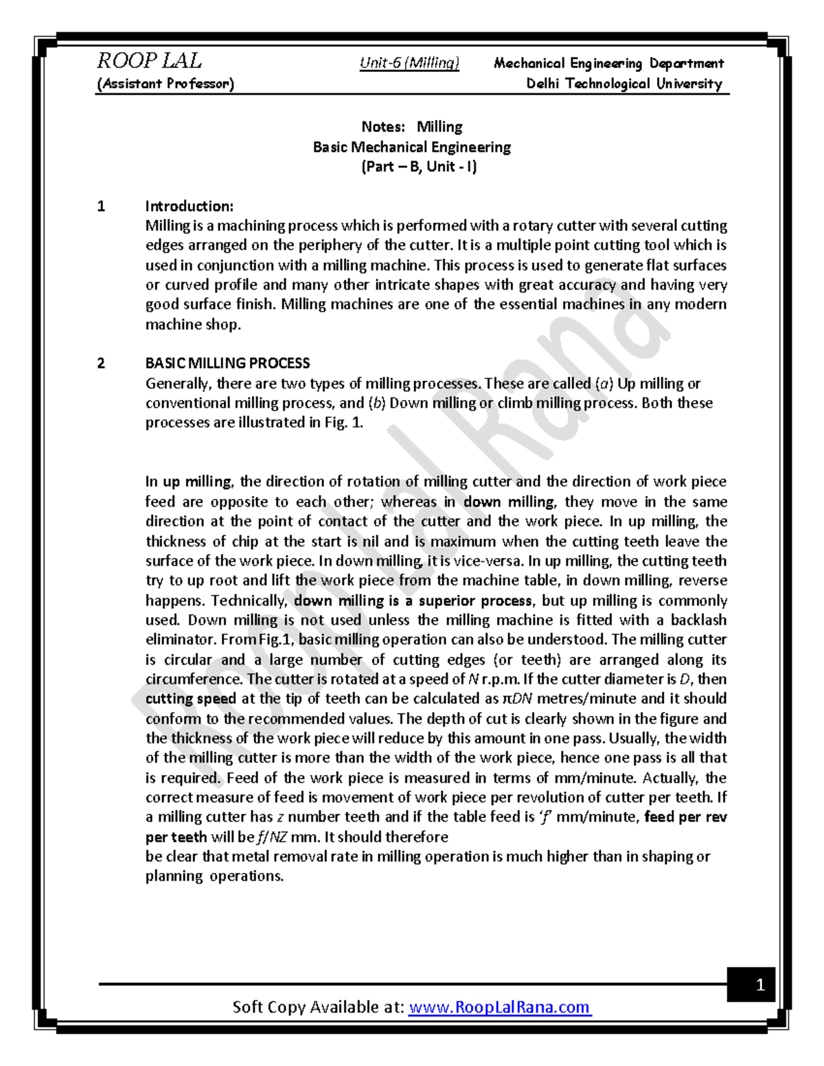 Unit-6-Milling-Machine - (Assistant Professor) Delhi Technological ...