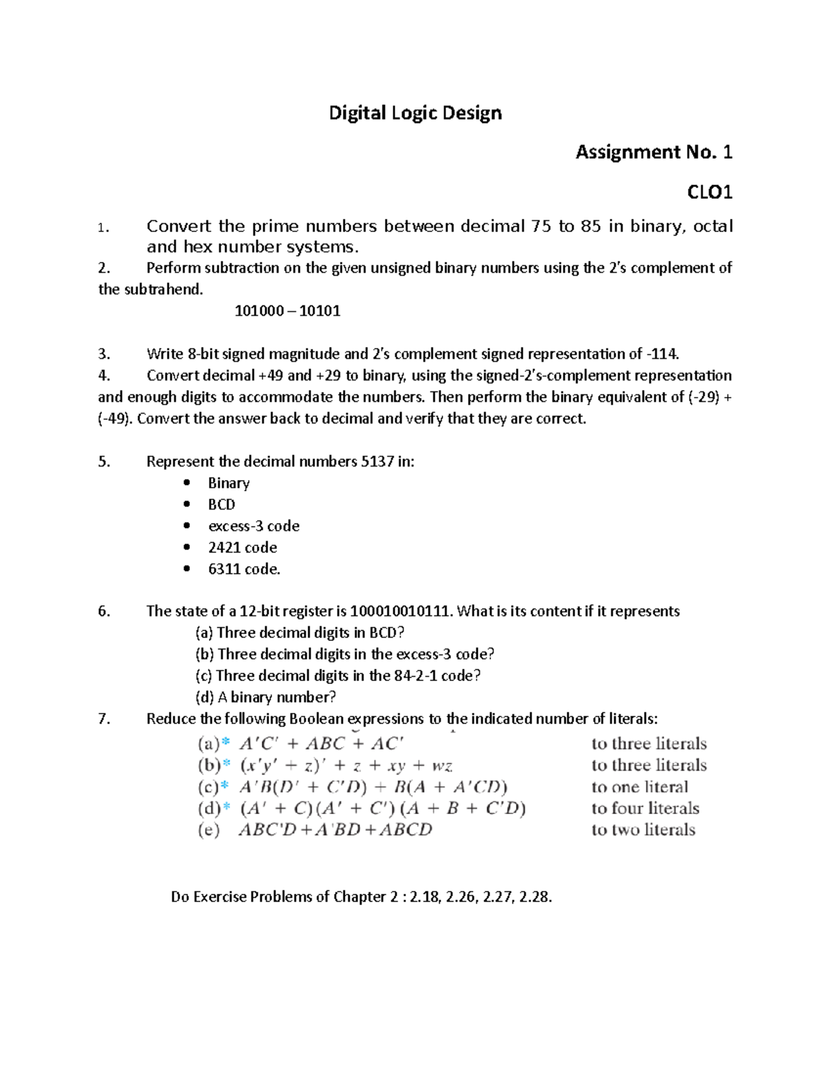 DLD Assign 1 - scmaiofjASIJpjgaioJijsio fdijeiwjgij - Digital Logic Design Assignment No. 1 CLO ...