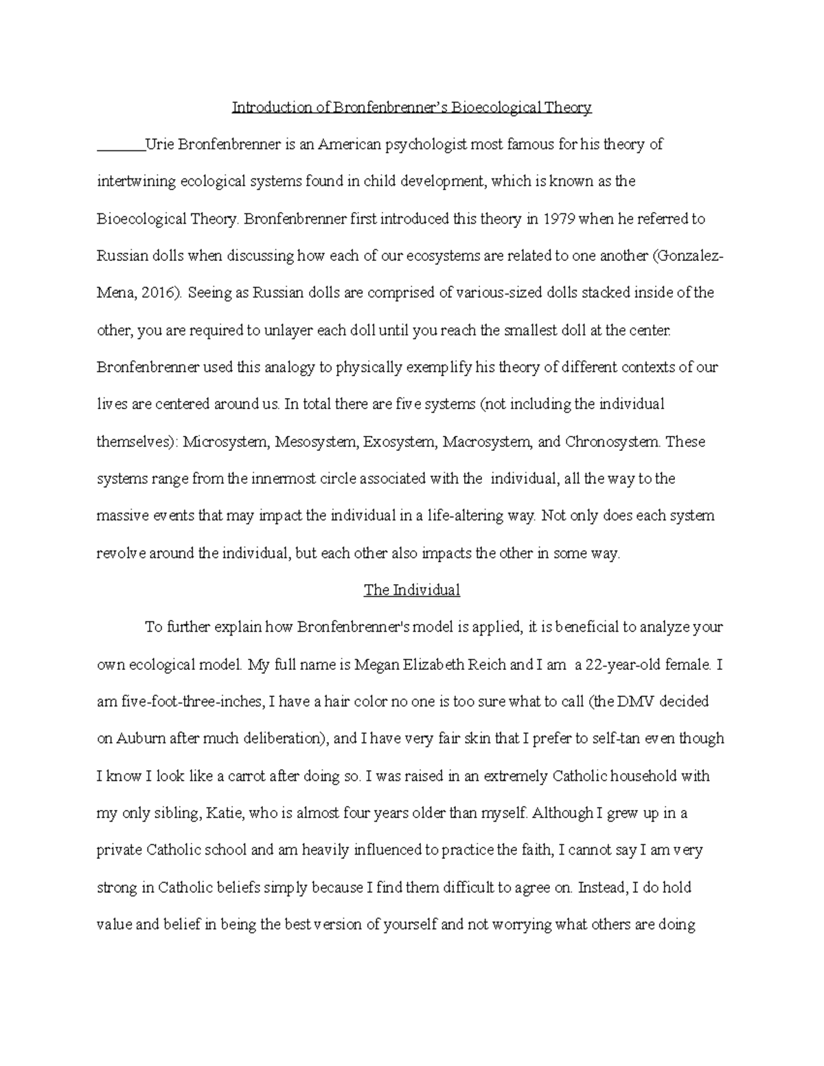 EPC 430 Human Ecology Journal - Introduction of Bronfenbrenner’s ...