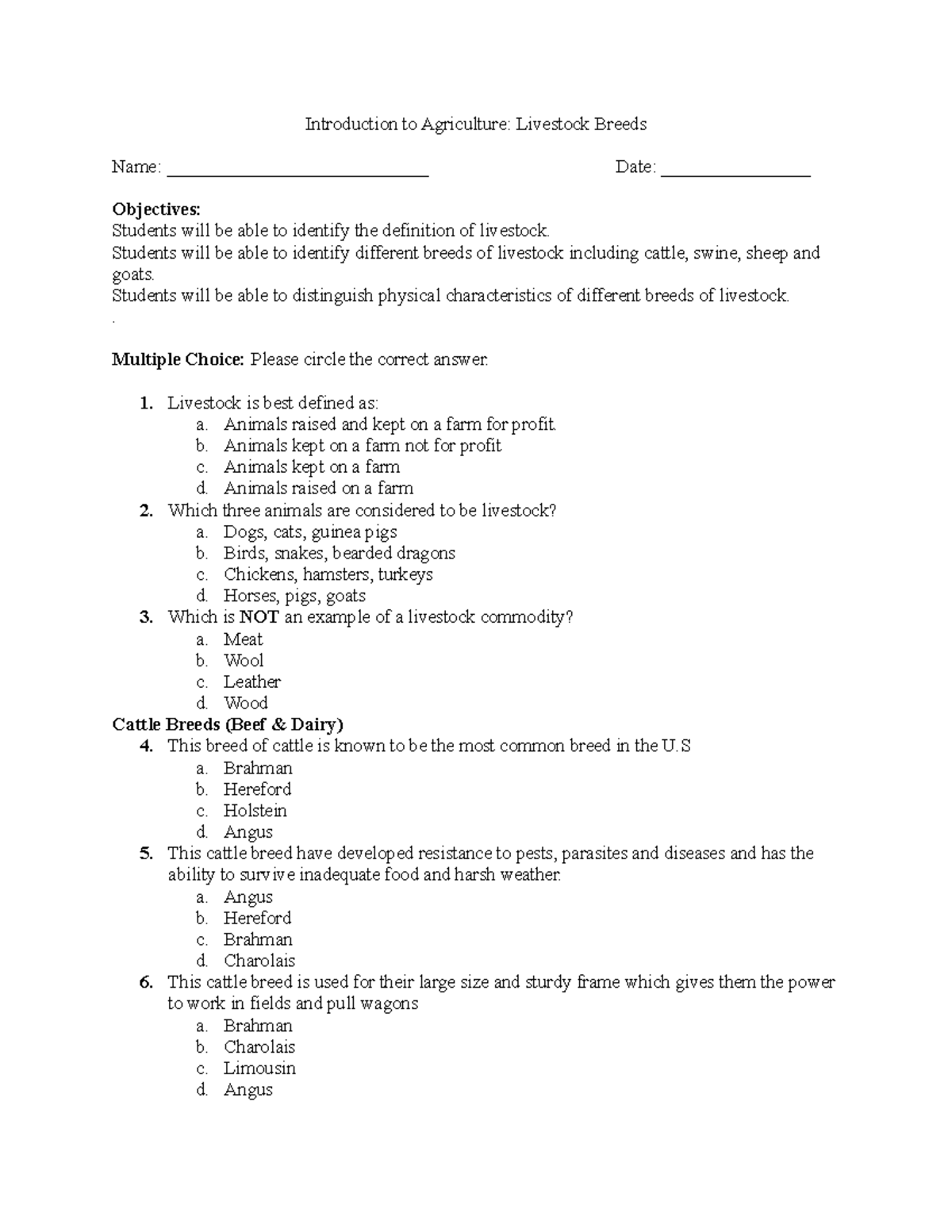 Assessment Assignment - Introduction to Agriculture: Livestock Breeds ...