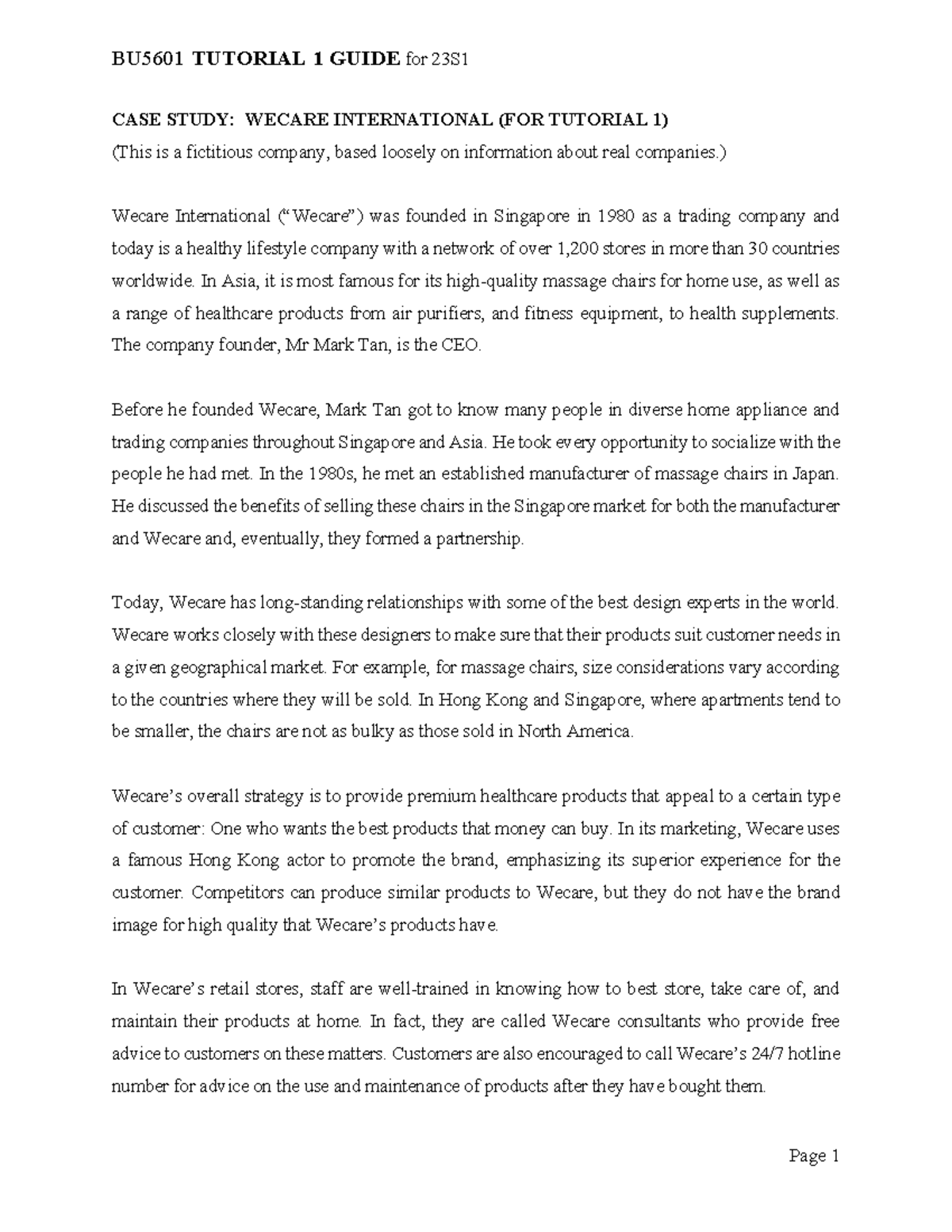Tutorial 1 Guide for 23S1 - CASE STUDY: WECARE INTERNATIONAL (FOR ...