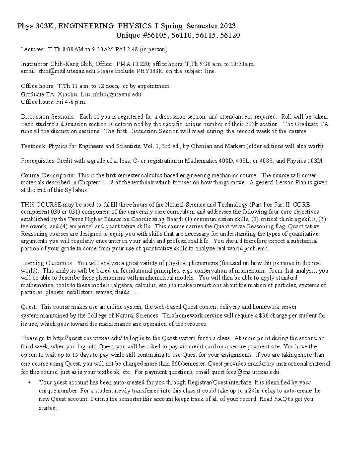 Syllabus - 303K -spring 23 - Shih - Phys 303K, ENGINEERING PHYSICS I ...