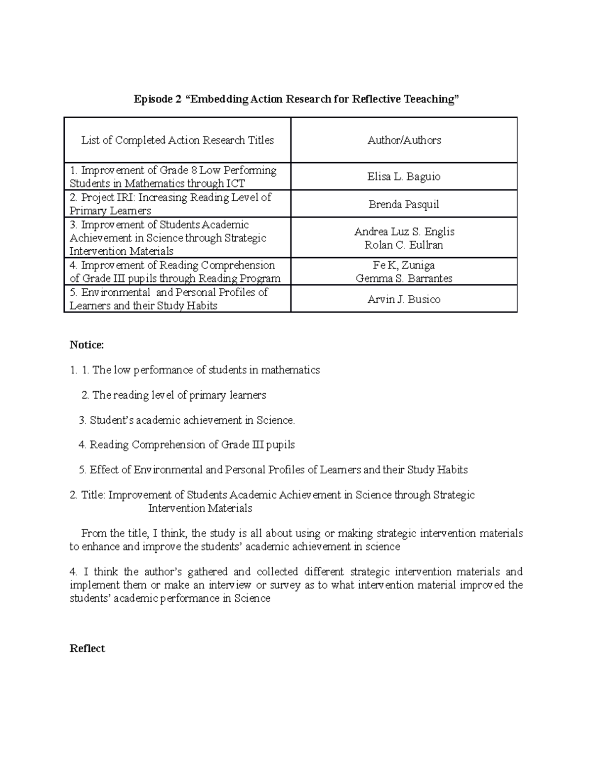 FS Episode 2 - Field Study answers. - Episode 2 “Embedding Action ...