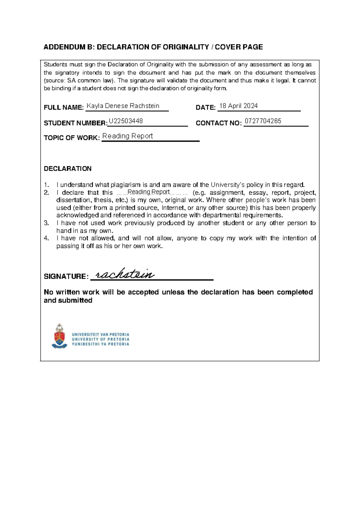 Van Niekerk Reading Report - ADDENDUM B: DECLARATION OF ORIGINALITY ...