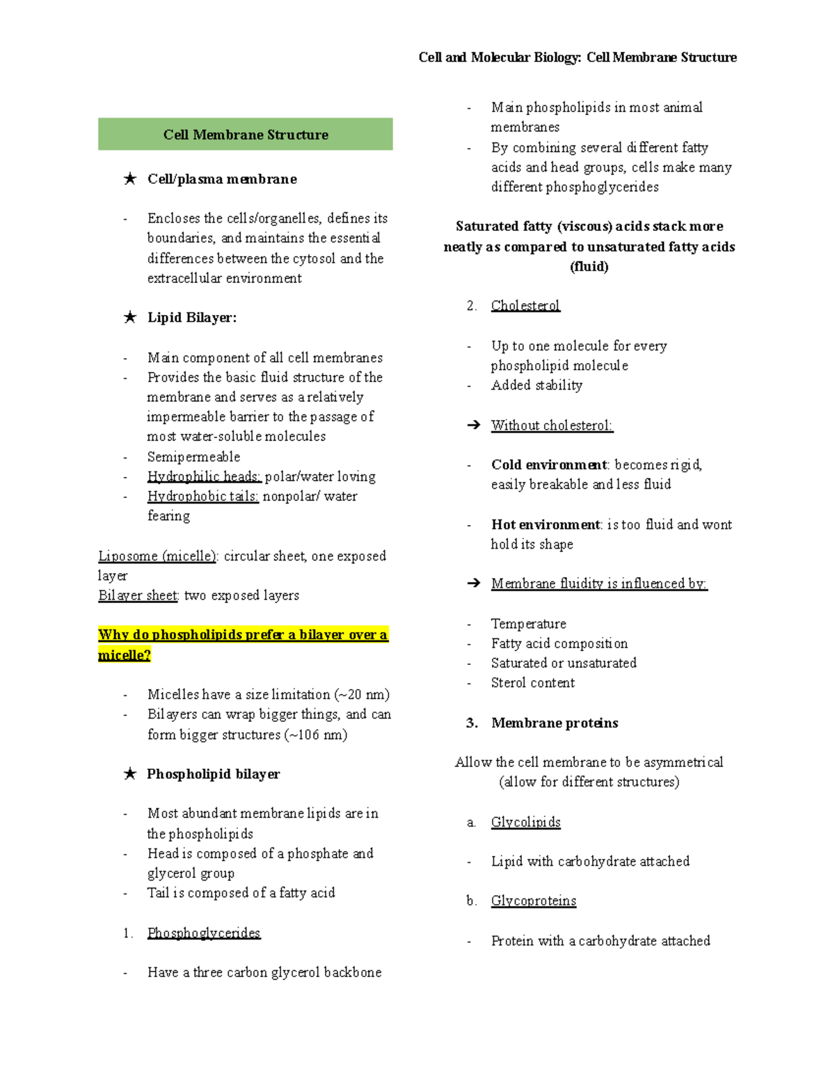 Molecular Biology Cells Membrane Structure Notes - Cell and Molecular ...