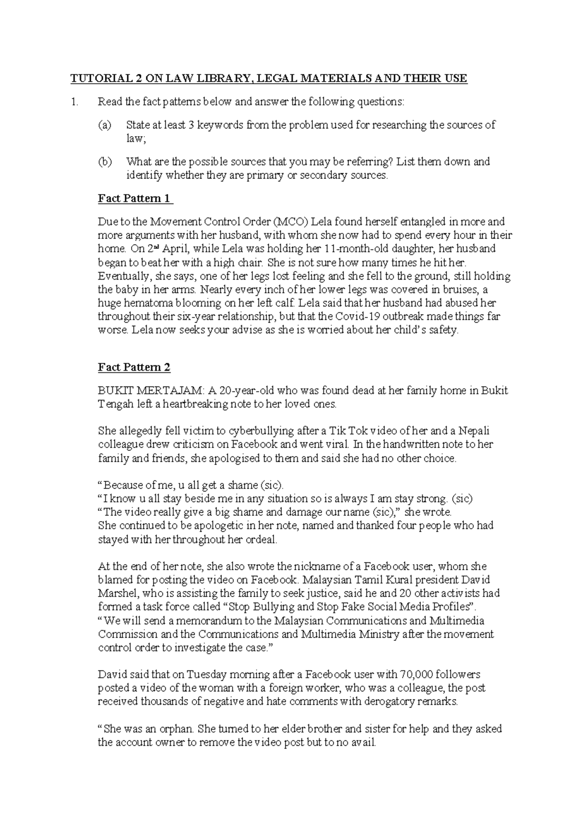 Tutorial 2 - TUTORIAL 2 ON LAW LIBRARY, LEGAL MATERIALS AND THEIR USE ...