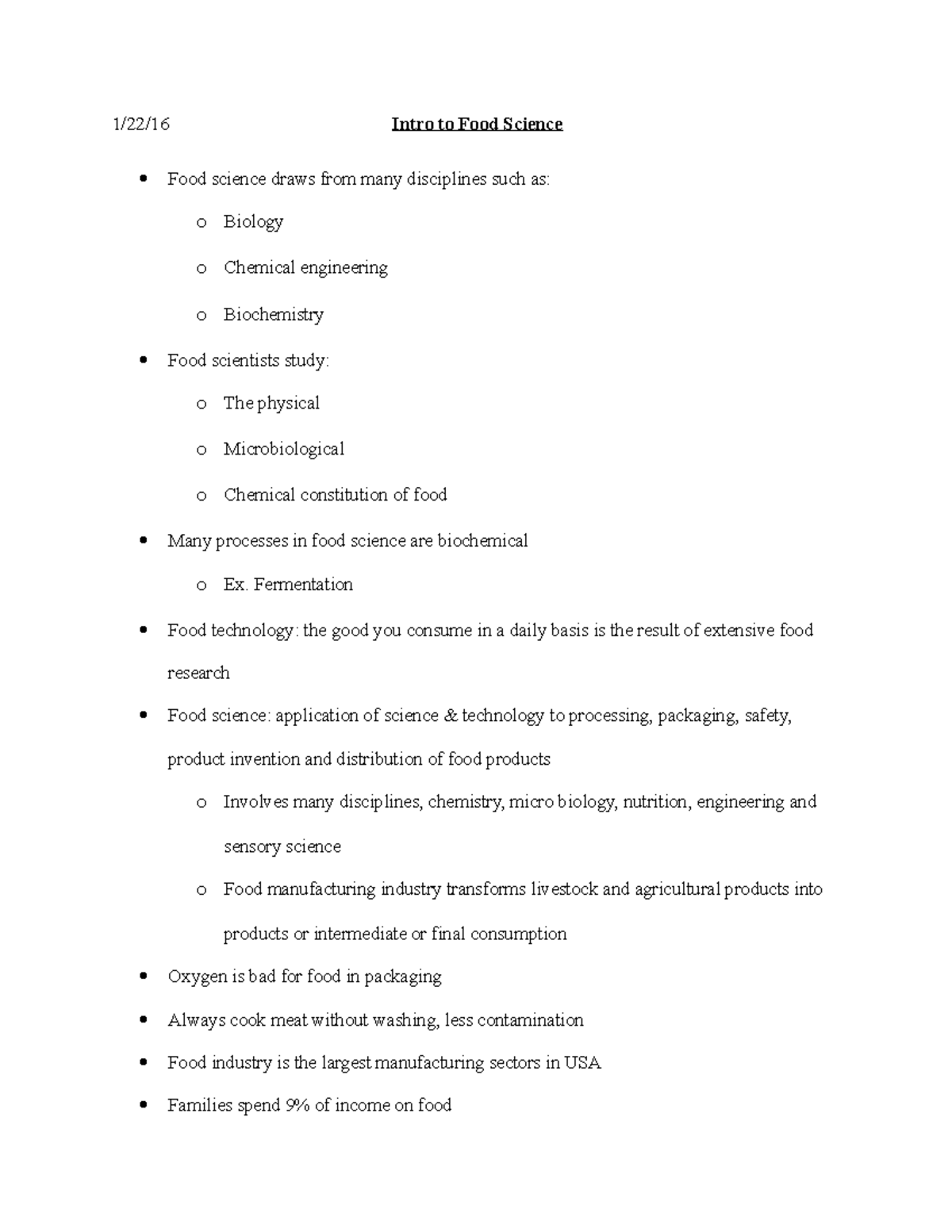 FSTE 263 Notes - Intro to Food Science Food science draws from many ...