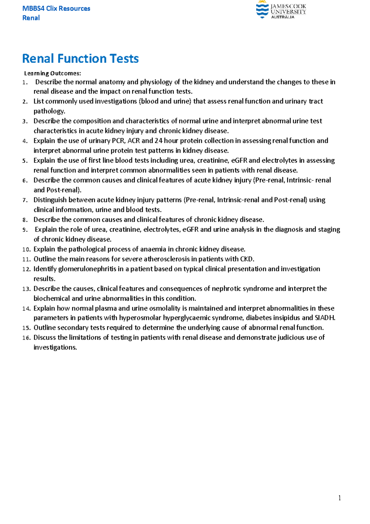 CLIX renal notes - MBBS4 Clix Resources Renal Renal Function Tests ...