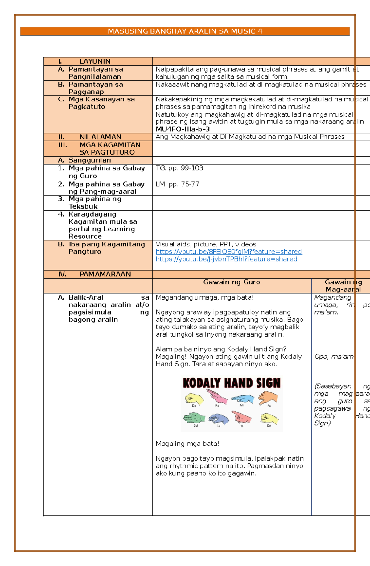 detailed lesson plan in music - I. LAYUNIN A. Pamantayan sa ...