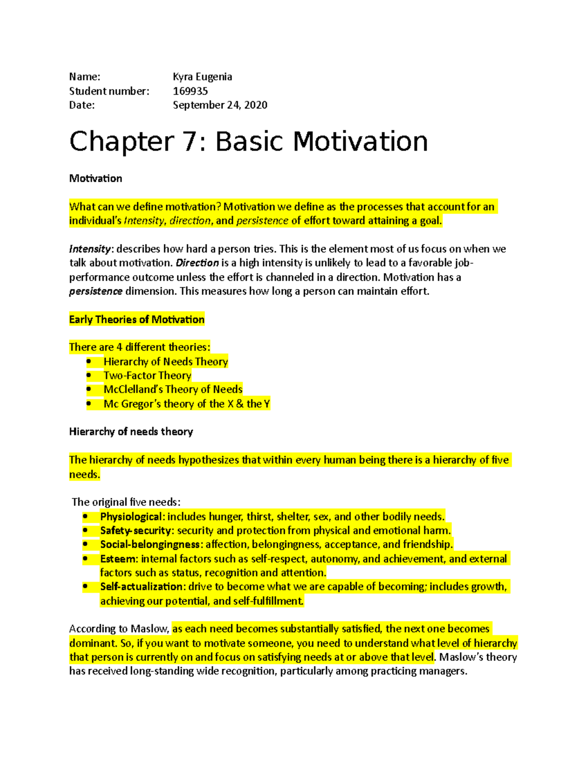 Chapter 7 Basic Motivation & Chapter 8 Applied Motivation - Name: Kyra ...