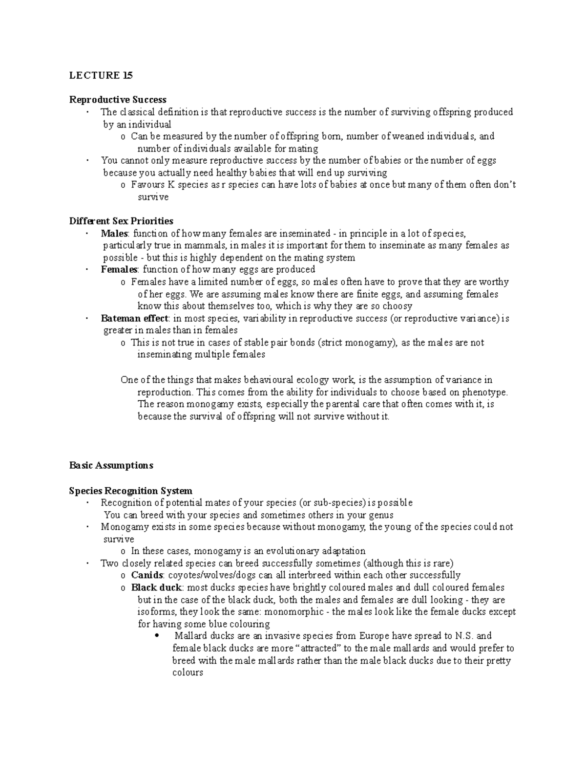 Lecture 15 - LECTURE 15 Reproductive Success · The classical definition ...