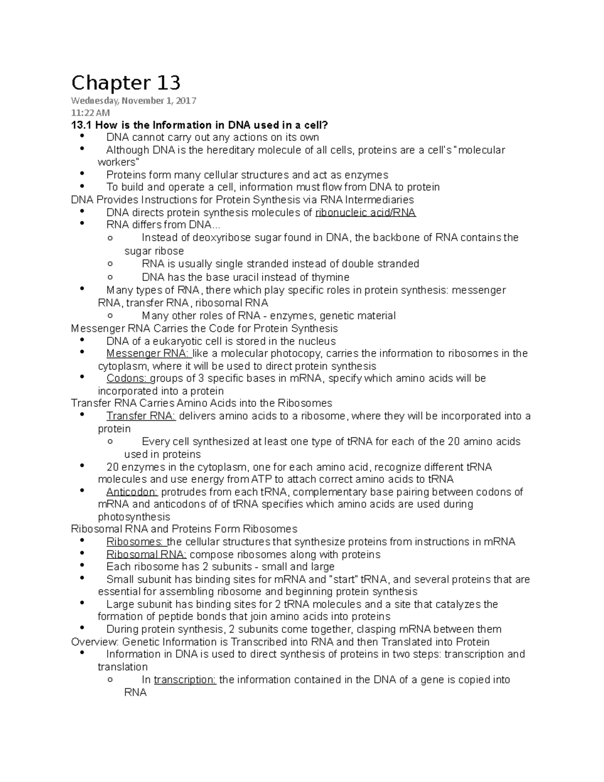 Chapter 13 Notes - Chapter 13 Wednesday, November 1, 2017 11:22 AM 13 ...