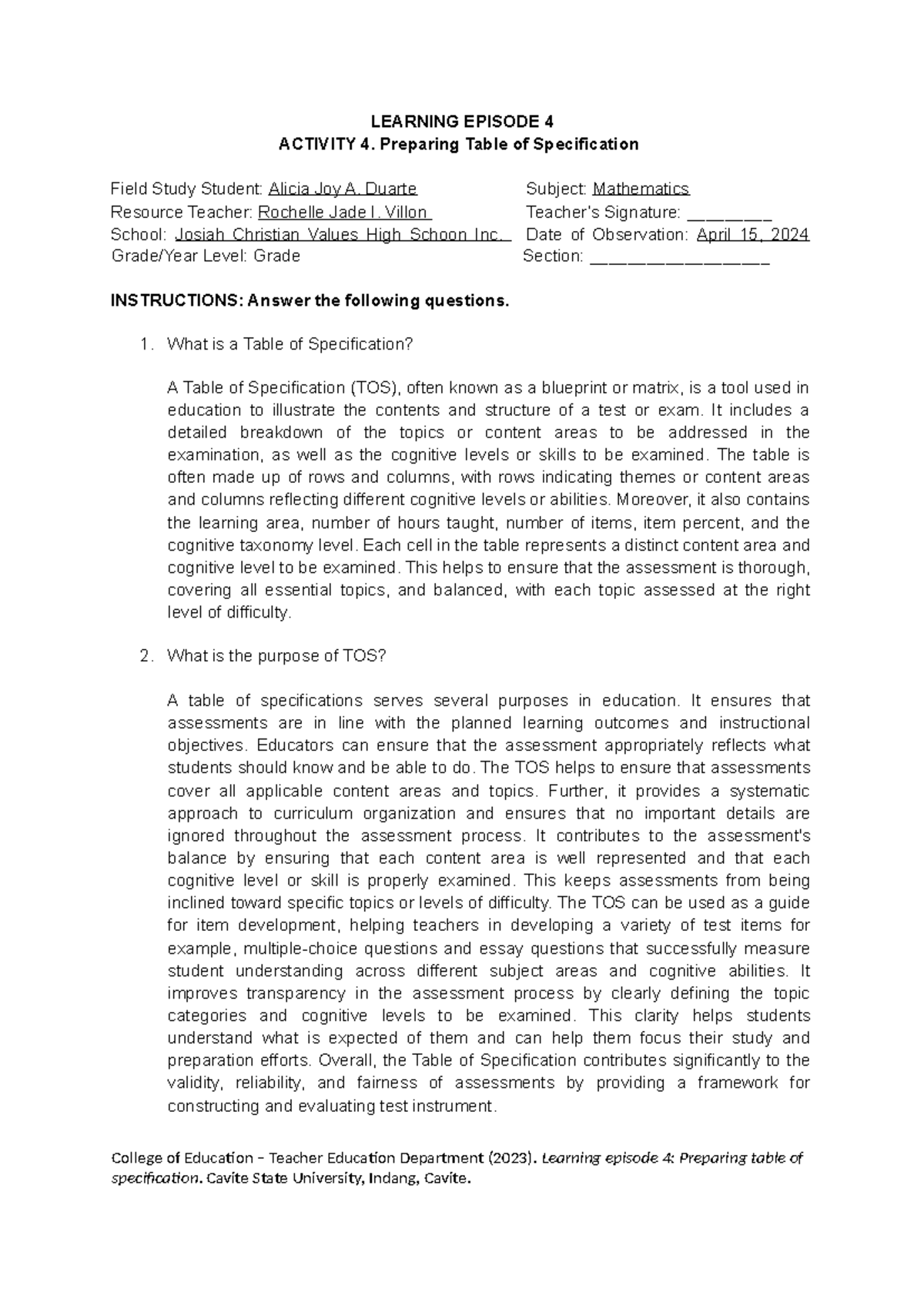 EDFS-22-LEp-4 done - LEARNING EPISODE 4 ACTIVITY 4. Preparing Table of ...