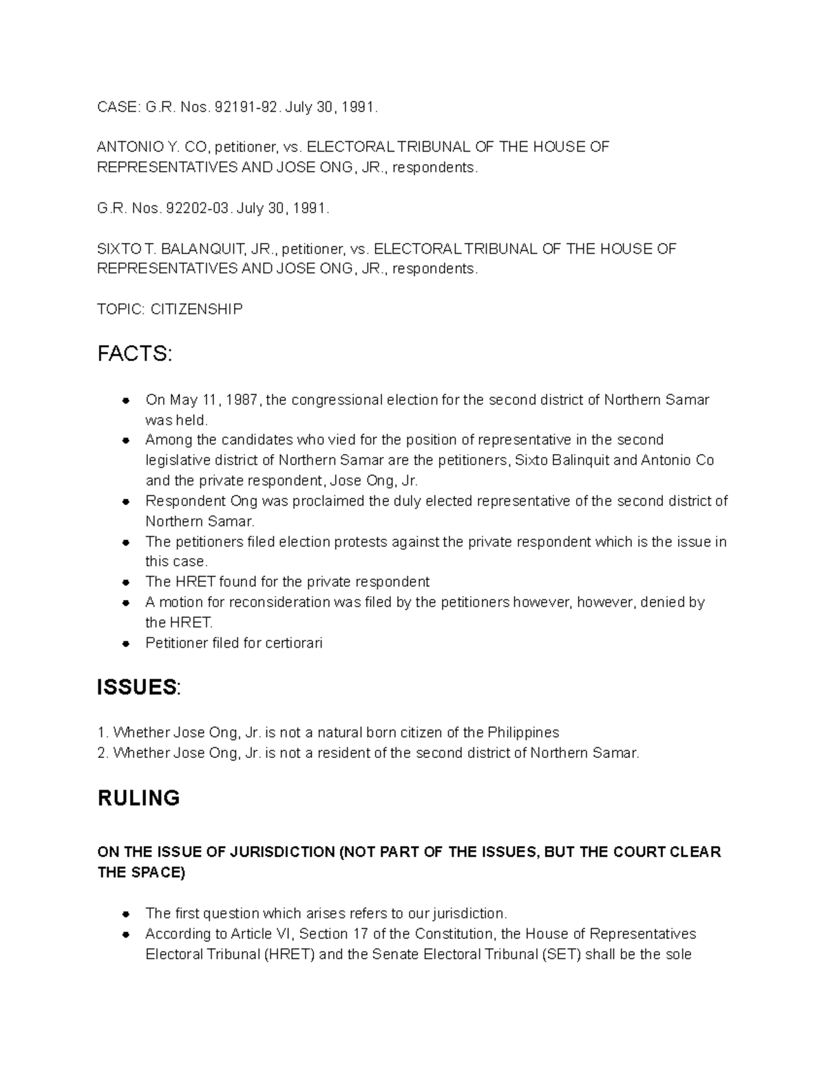 3. Citizenship Co v HRET and Jose Ong,Jr. - CASE: G. Nos. 92191-92 ...