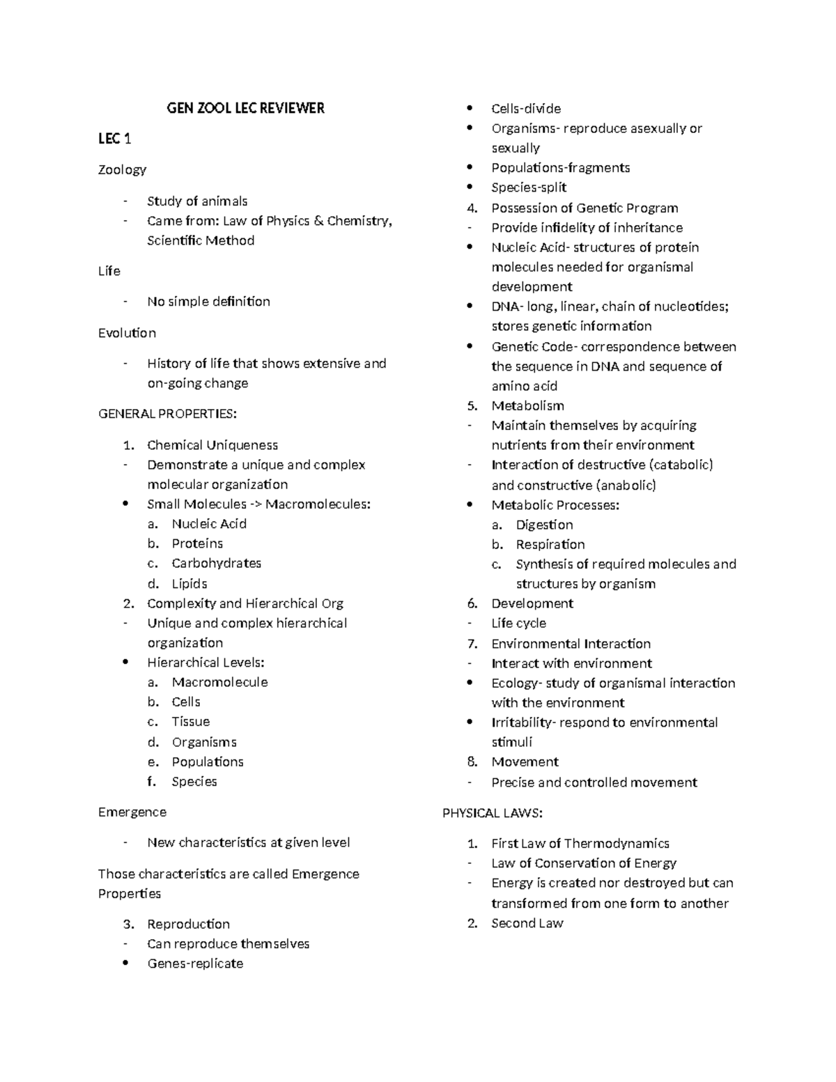 General Zoology - GEN ZOOL LEC REVIEWER LEC 1 Zoology - Study of ...