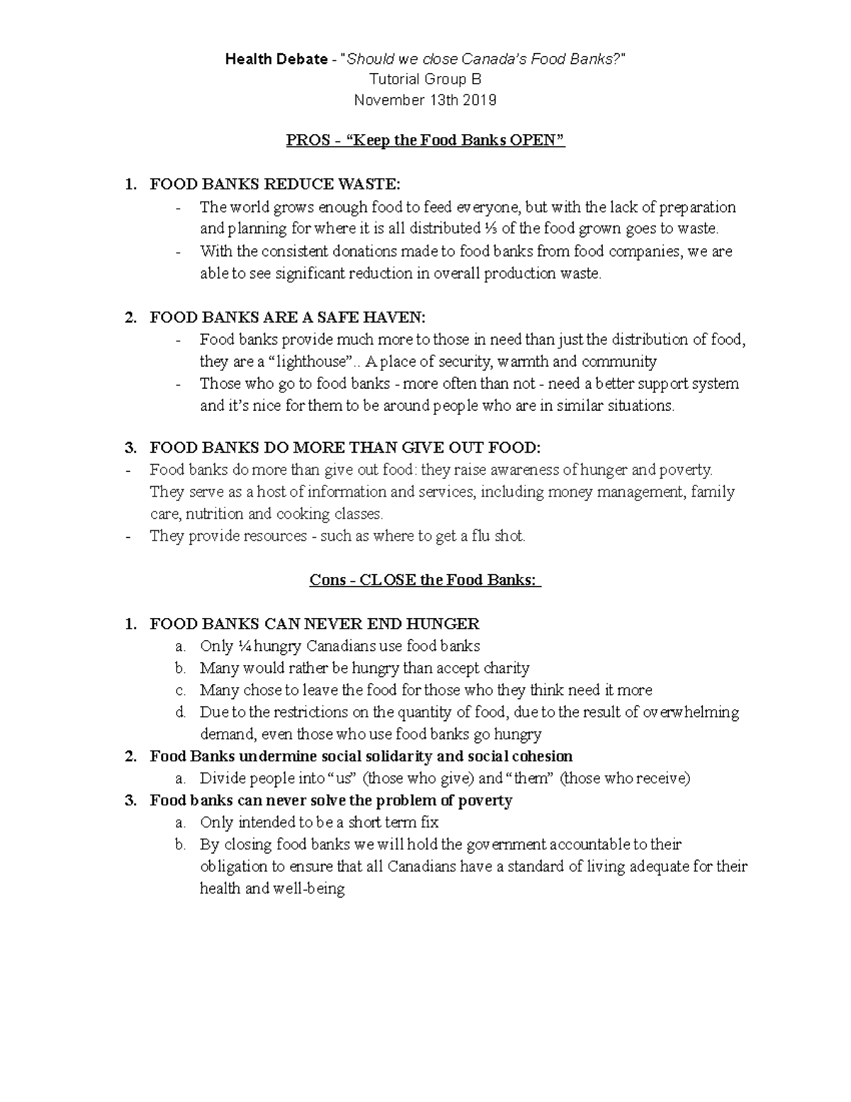 Health debate - With the consistent donations made to food banks from ...