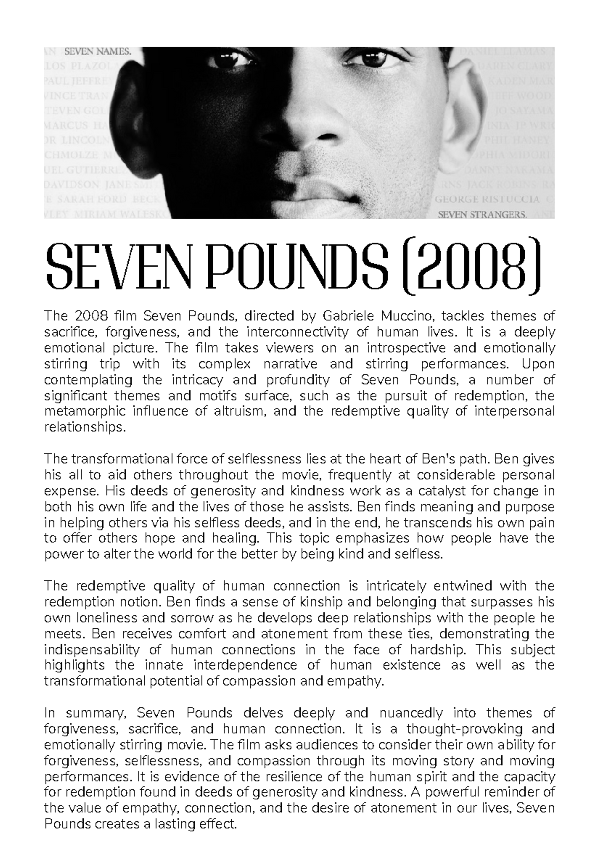 Seven pounds 2008 - reaction paper - The 2008 film Seven Pounds ...