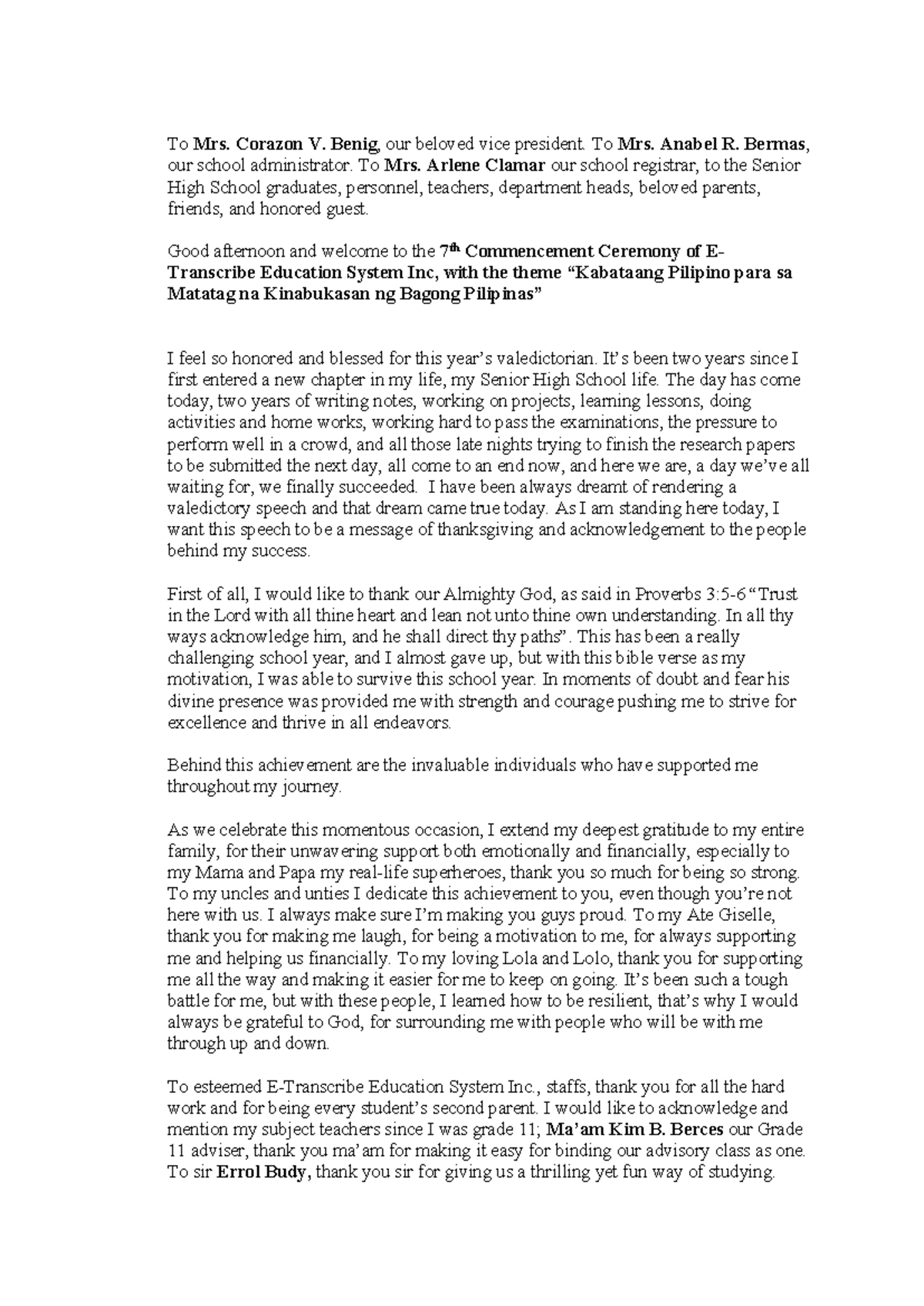 Valedictory- Speech 1 - Summary AB English Language - To Mrs. Corazon V ...