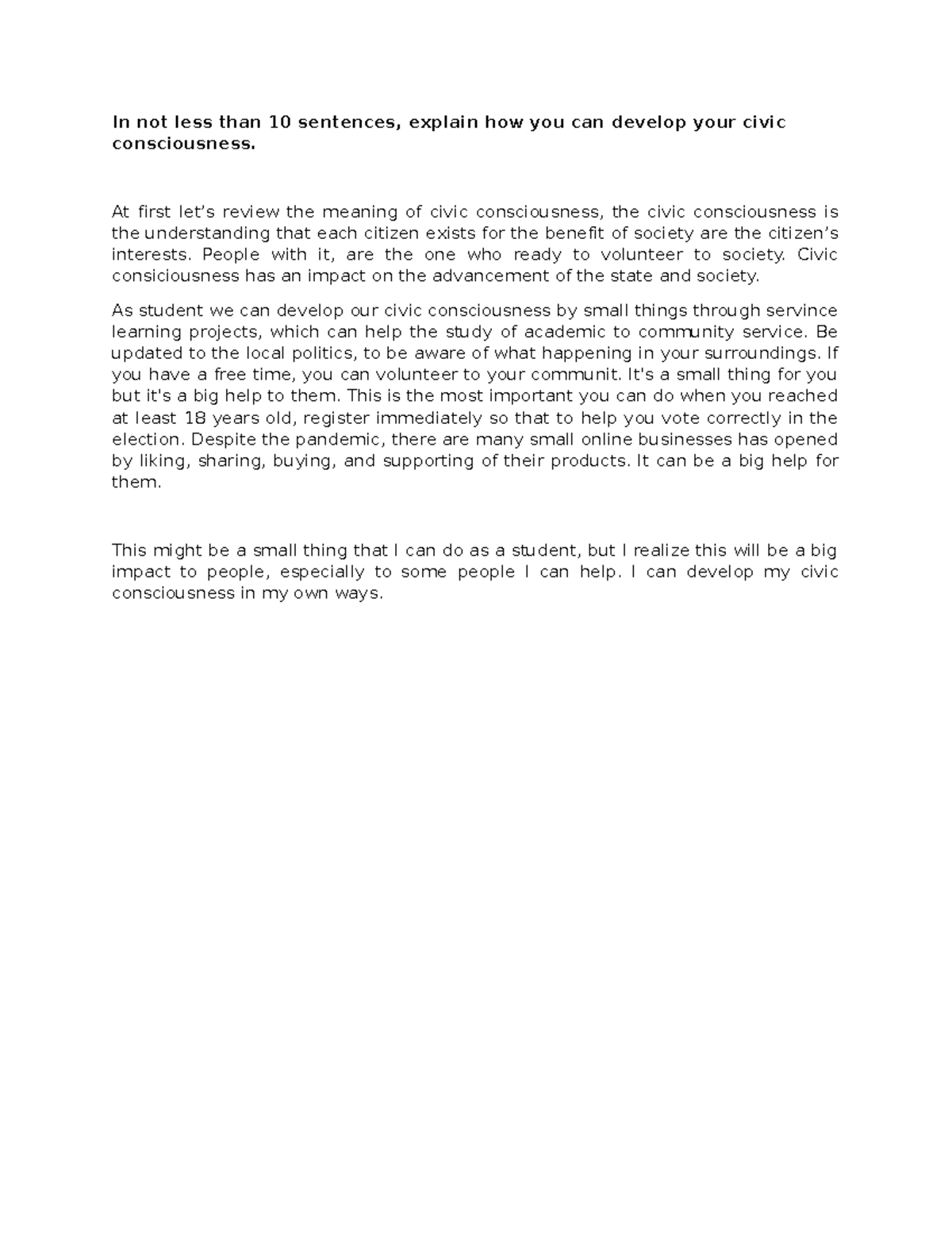 NSTP 01 - NSTP - In not less than 10 sentences, explain how you can ...