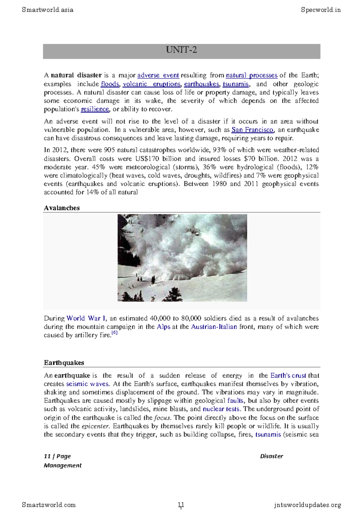 Dm notes 2 U2 - dppm - 11 | Page Disaster Management UNIT- 2 A natural ...