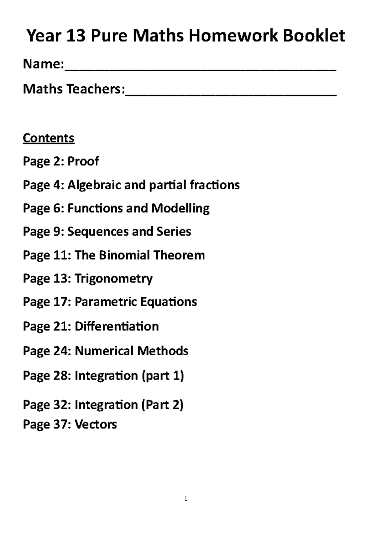Y13 pure maths homework booklet - Year 13 Pure Maths Homework Booklet ...