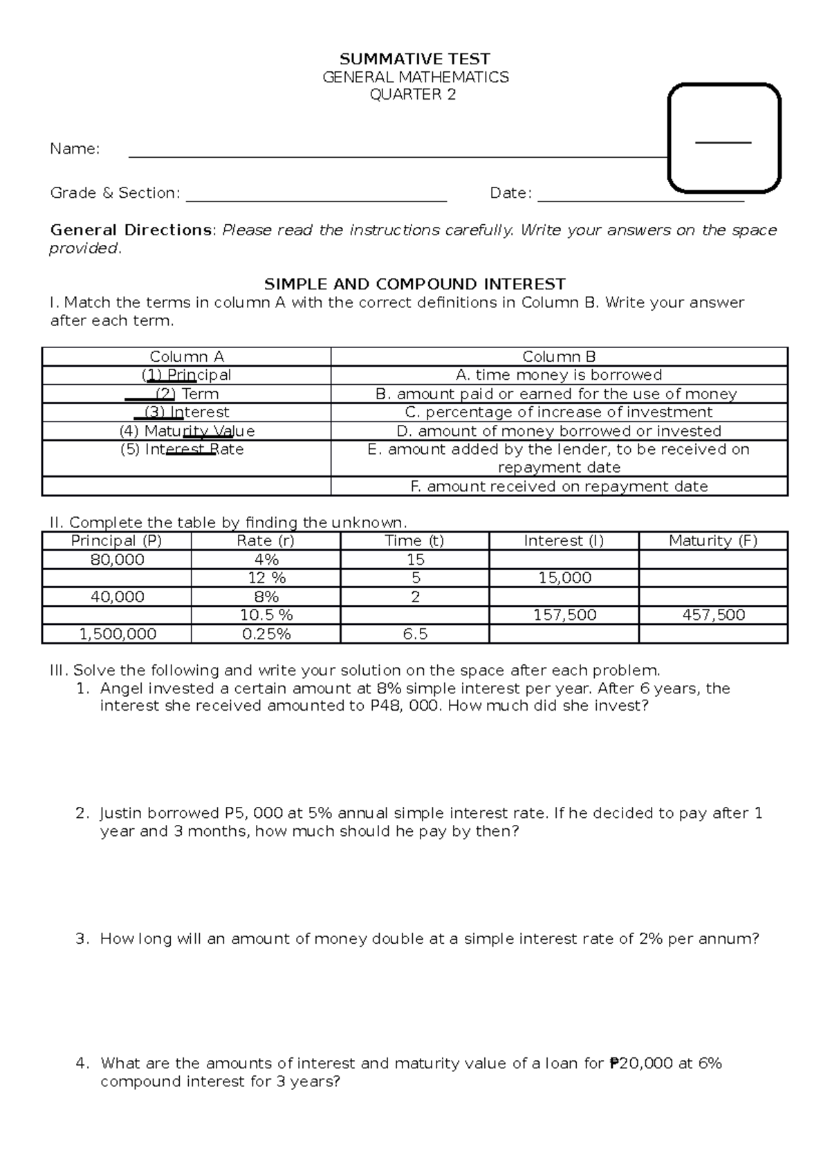 Genmath Q2 - Activity 2 - SUMMATIVE TEST GENERAL MATHEMATICS QUARTER 2 ...