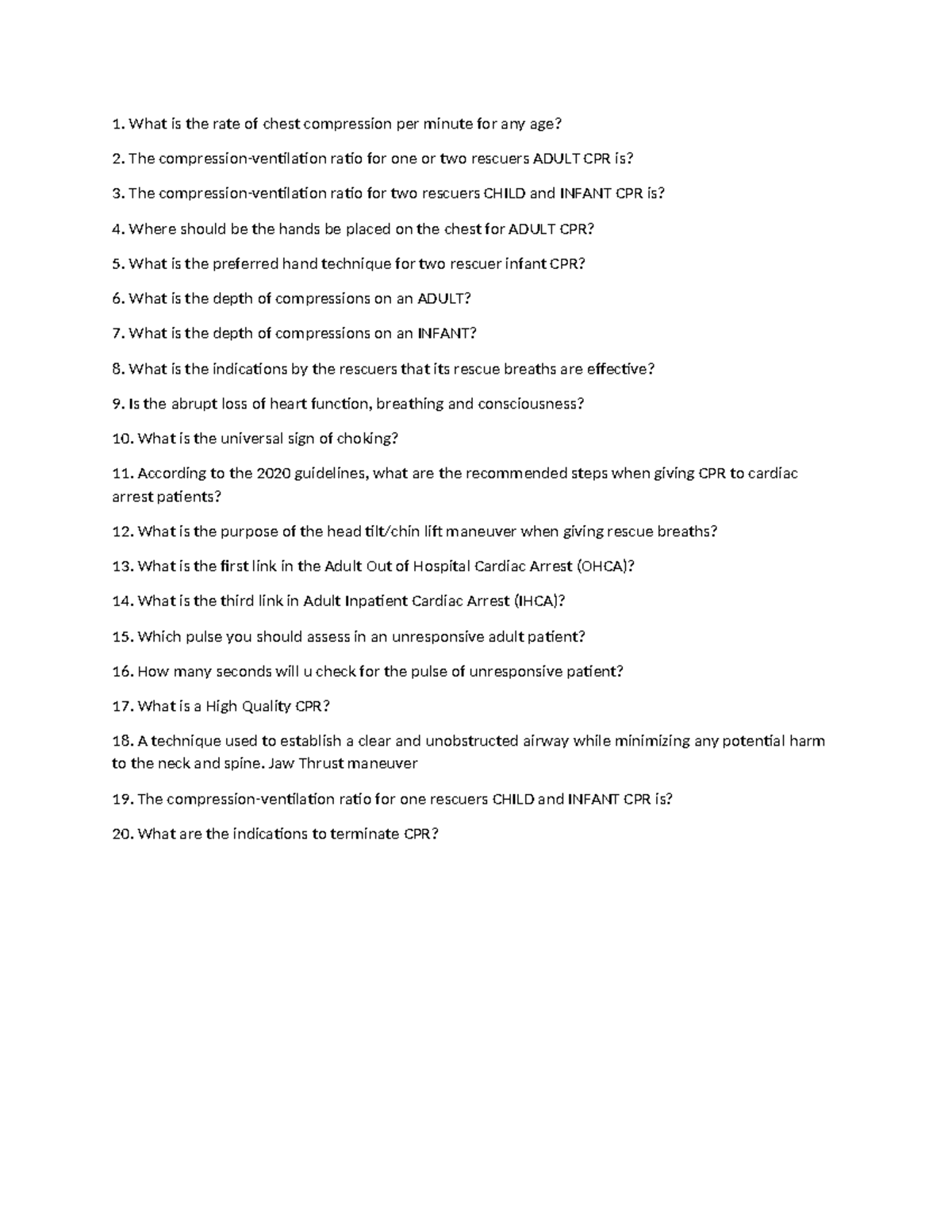 CPR-Questions - CPR questions - What is the rate of chest compression ...