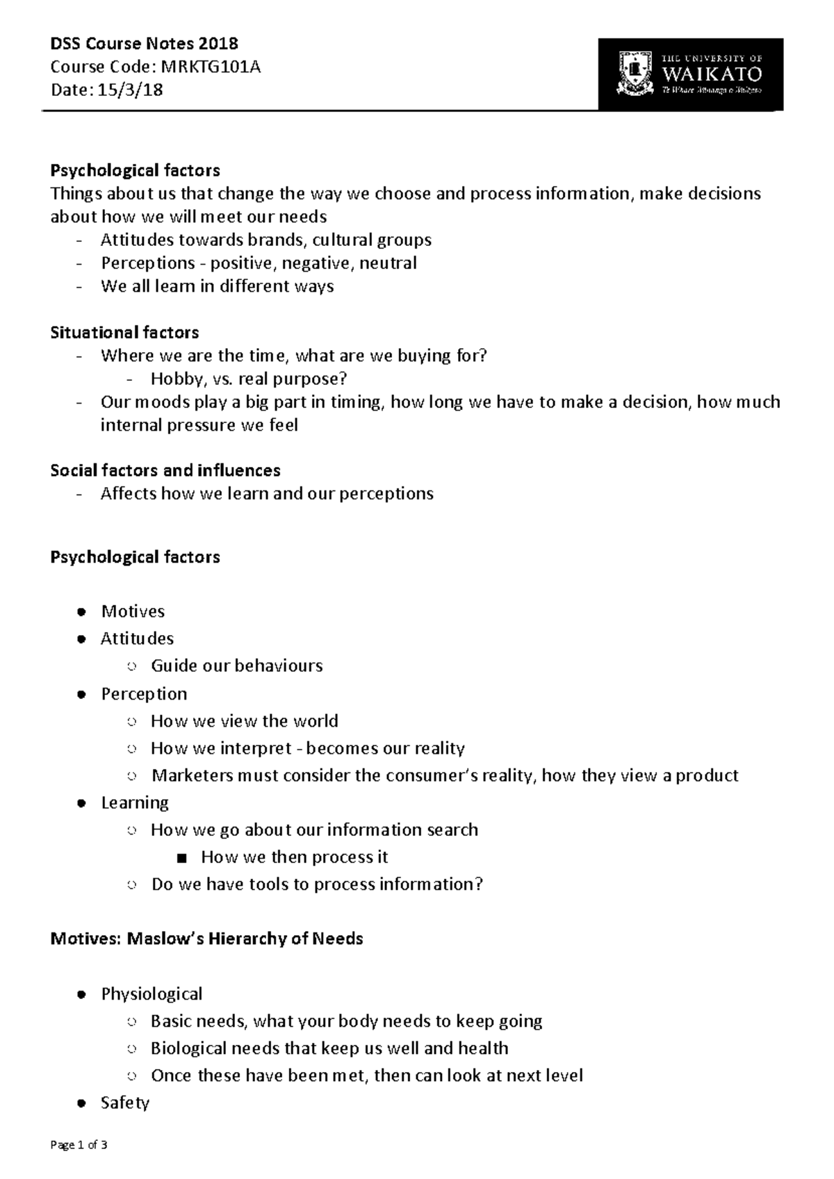MRKTG101 A week 3 15 3 18 - Lecture notes 5 - DSS Course Notes 2018 ...