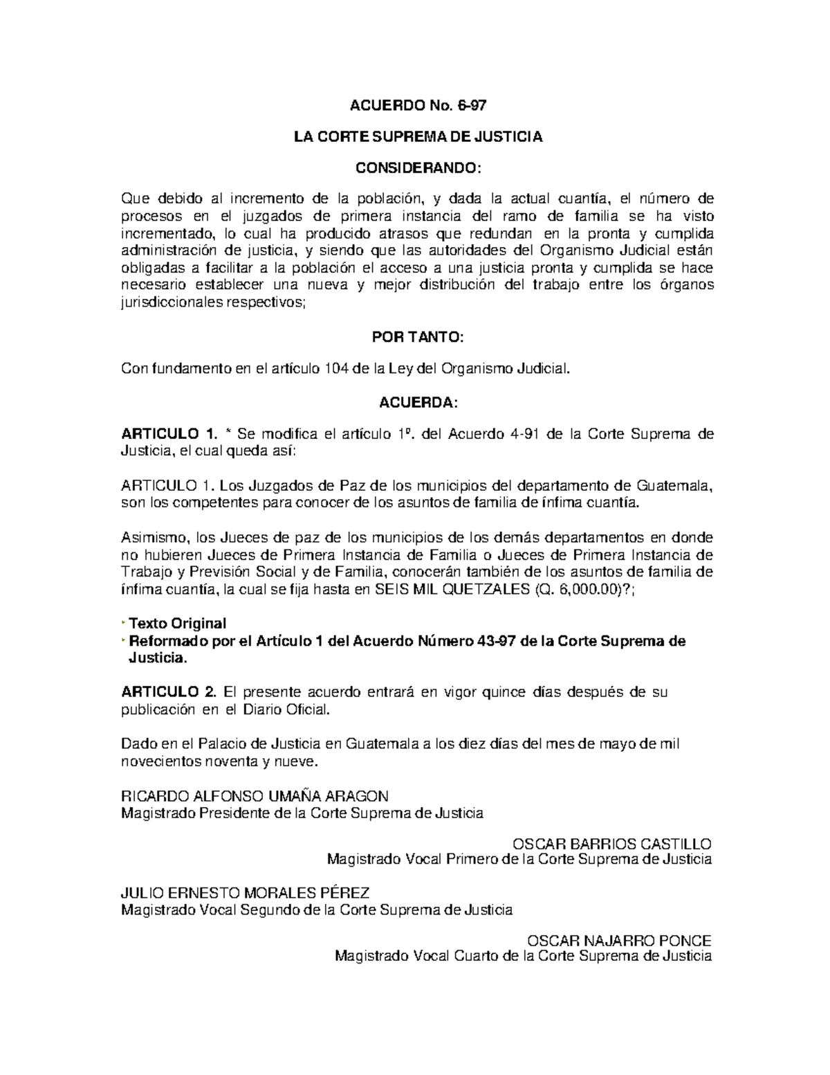 Acuerdo 6-97 - Decreto de Reforma de las Cuantías - ACUERDO No. 6- LA ...