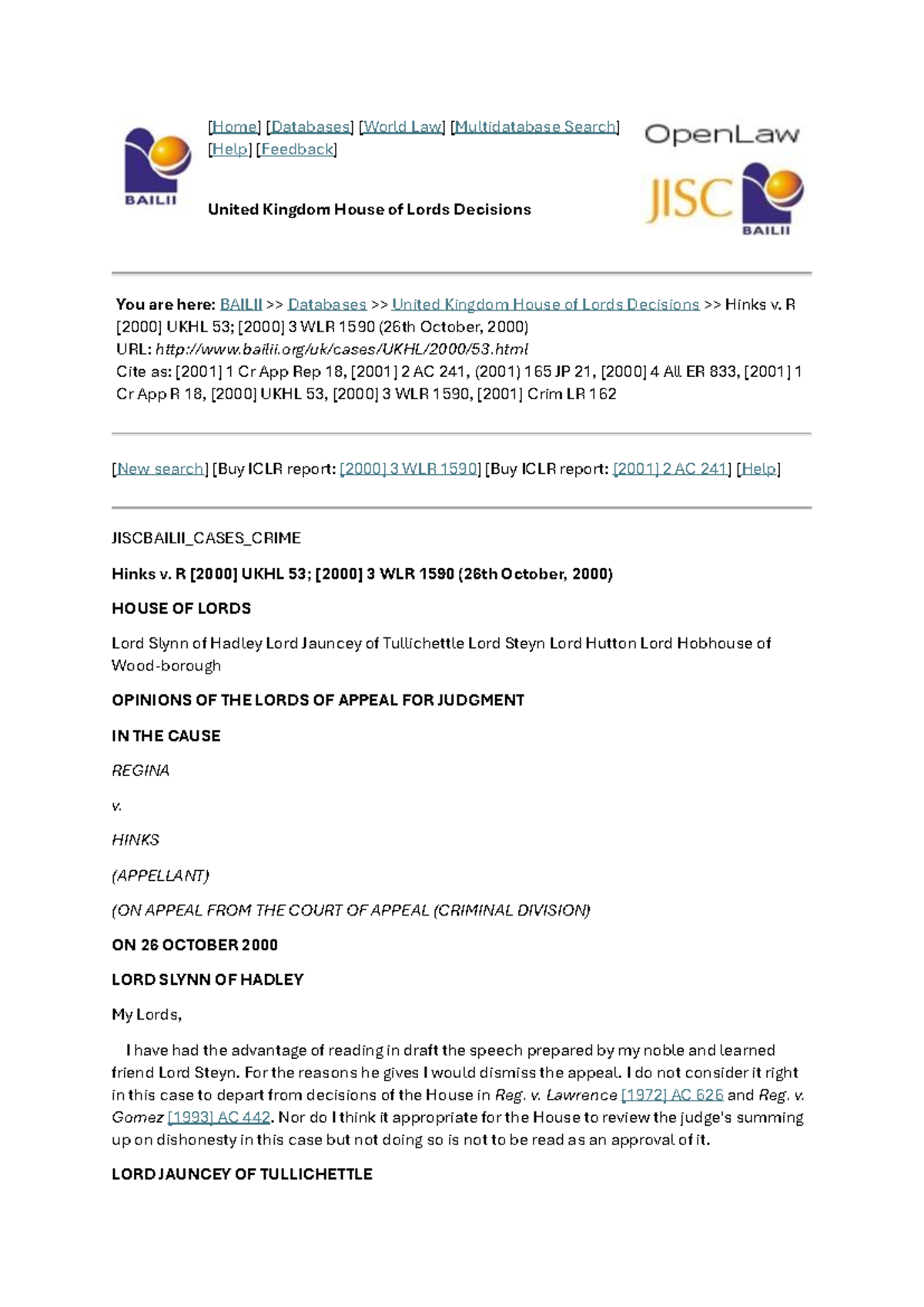 R v Hinks - Case study - [Home] [Databases] [World Law] [Multidatabase ...