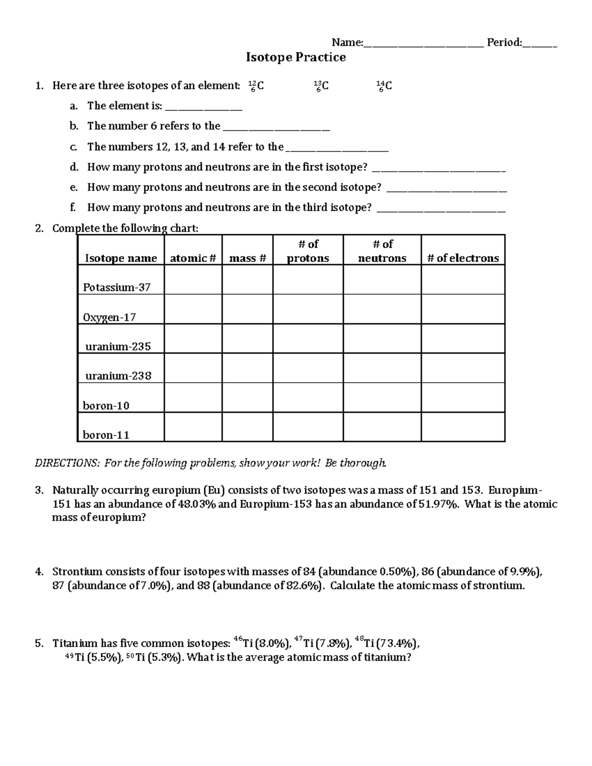atomic mass practice - Name:____________________________ Period ...
